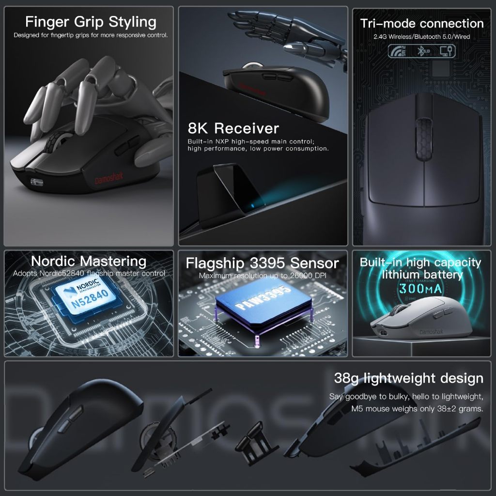 Darmoshark M5 เมาส์ไร้สายสำหรับการจับแบบ Fingertip น้ำหนักเบา 38g ...