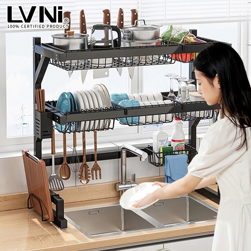 LVNI ชั้นวางจาน ที่วางจาน สแตนเลส 2-ชั้น คร่อมอ่างล้างจาน ชั้นวางของในครัว | Shopee Thailand