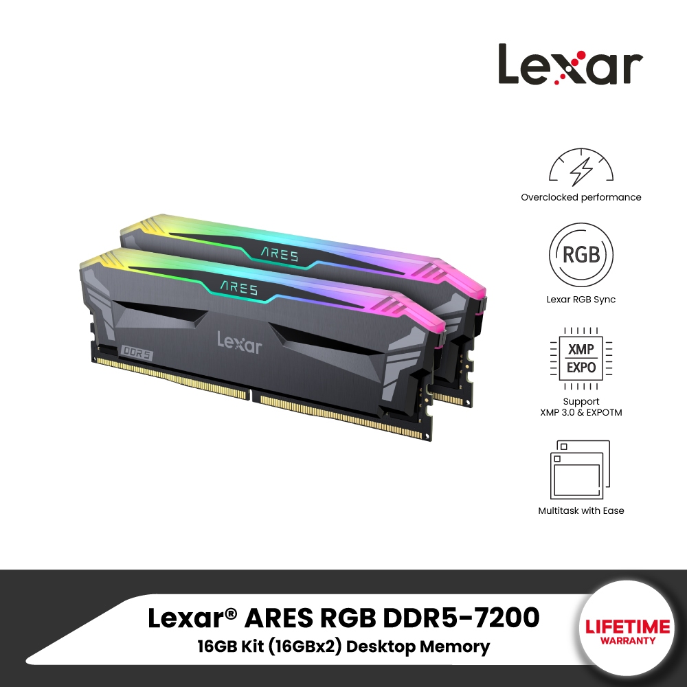 Lexar® ARES RGB DDR5 7200 Desktop Memory 16GB Kit (LD5U16G72C34LA-RGD ...