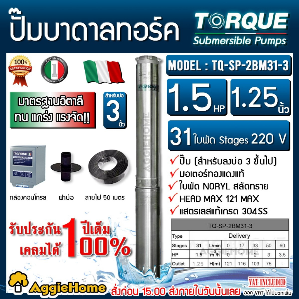 TORQUE บาดาล รุ่น TQ-SP-2BM31-3 (220V.) 11/4นิ้ว 1.5HP 31ใบ (ครบชุด ...