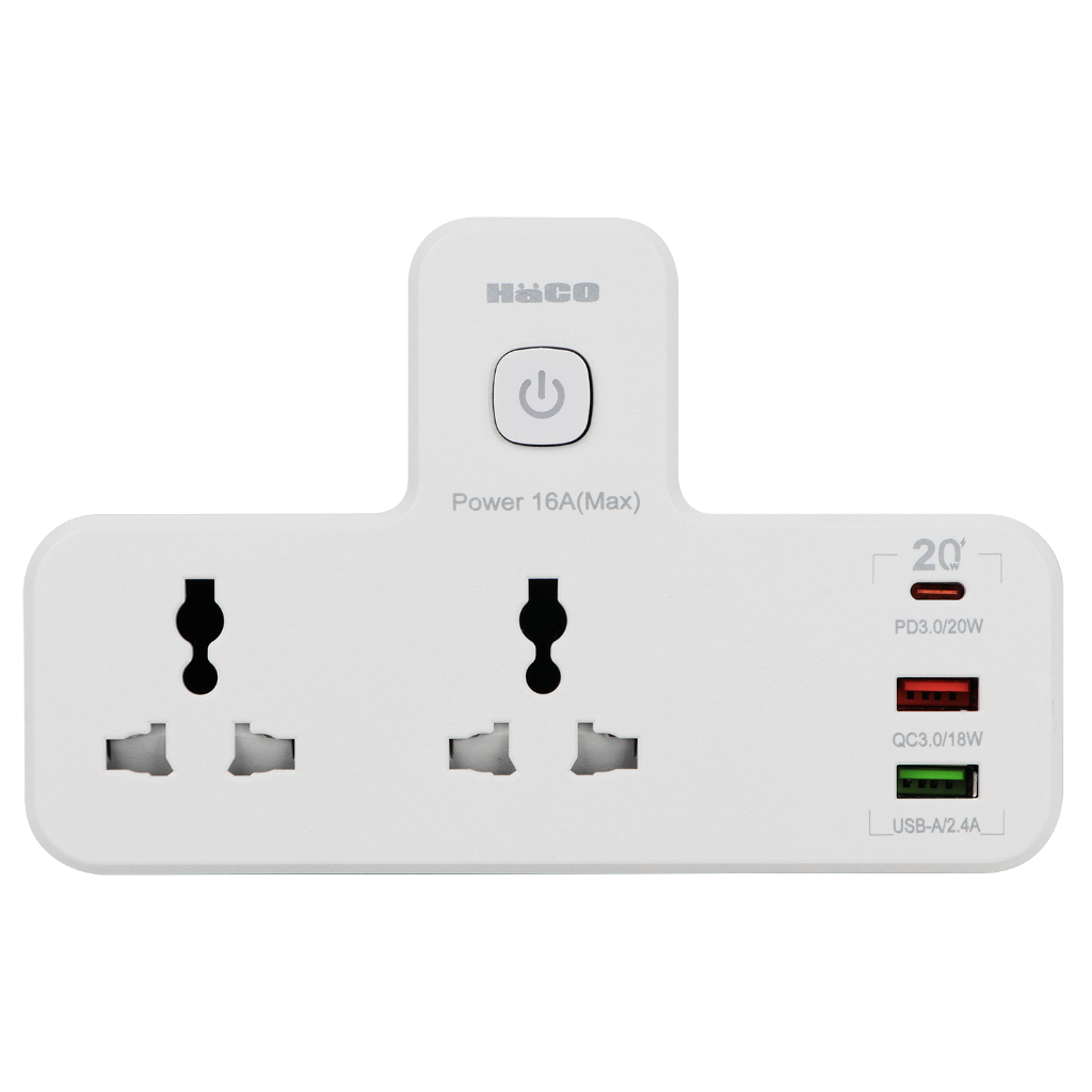 HACO ปลั๊กแปลง 3 ขา เต้ารับสากล 2 ช่อง USB type A+A+C, PD/QC Fast Charge รุ่น ADU20-U2A1C ...
