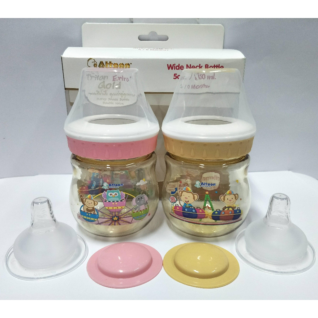 ขวดนมสีชาคอแคบ คอกว้าง Triton Gold Soft-Top ขนาด 4-8Oz. แบรนด์ ATTOON แพค 2 ขวด พร้อมจุกนมควบคุม ...