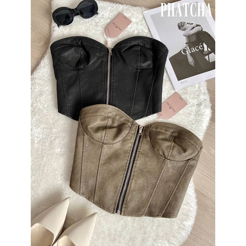 ท็อปเกาะอกหนังเทียมสังเคราะห์แต่งซิปหน้า ป้าย patcha | Shopee Thailand