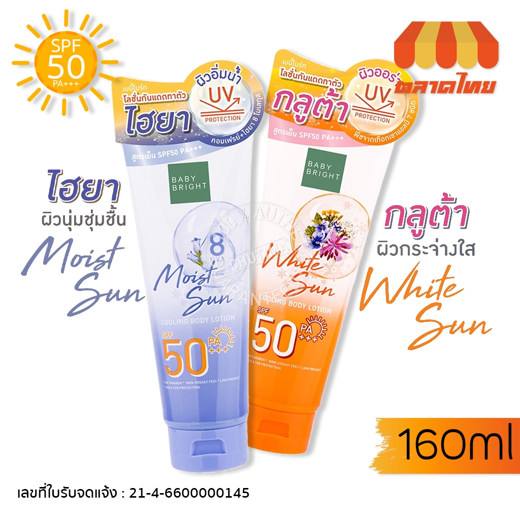 โลชั่นกันแดด เบบี้ไบร์ท สูตรเย็น ผิวออร่า อิ่มน้ำ Baby Bright Sun Cooling Body Lotion SPF50 PA ...