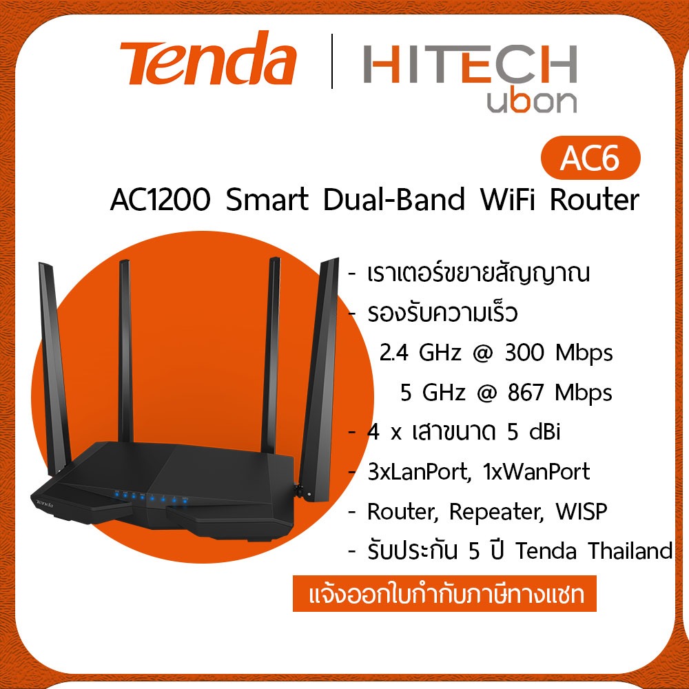 (ประกันศูนย์ไทย 5 ปี) Tenda AC6, AC1200 Smart Dual-Band WiFi Router ...