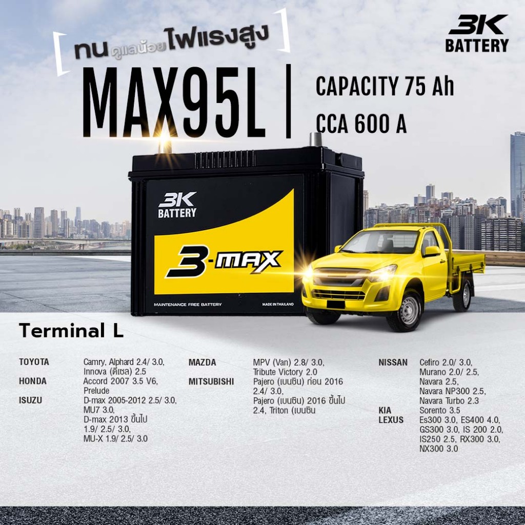 แบตเตอรี่ 3K รุ่น MAX95 (ส่งด่วนได้รับสินค้าวันนี้) 12V 75AH Maintenance Free แบตเตอรี่กึ่งแห้ง ...