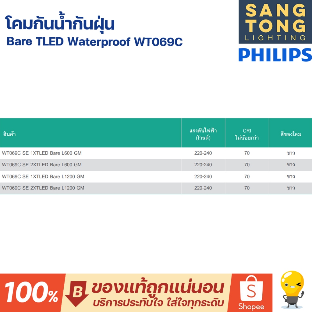 Philips LED T8 โคมไฟกันน้ำกันฝุ่น รุ่น WT069C เปลี่ยนหลอดได้ (ไม่มีหลอด ...