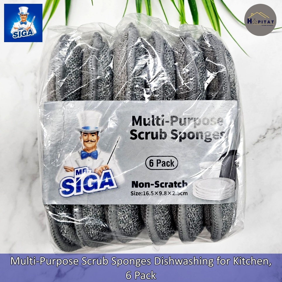 {MR.SIGA®} Multi-Purpose Scrub Sponges Dishwashing for Kitchen, 6 Pack ...