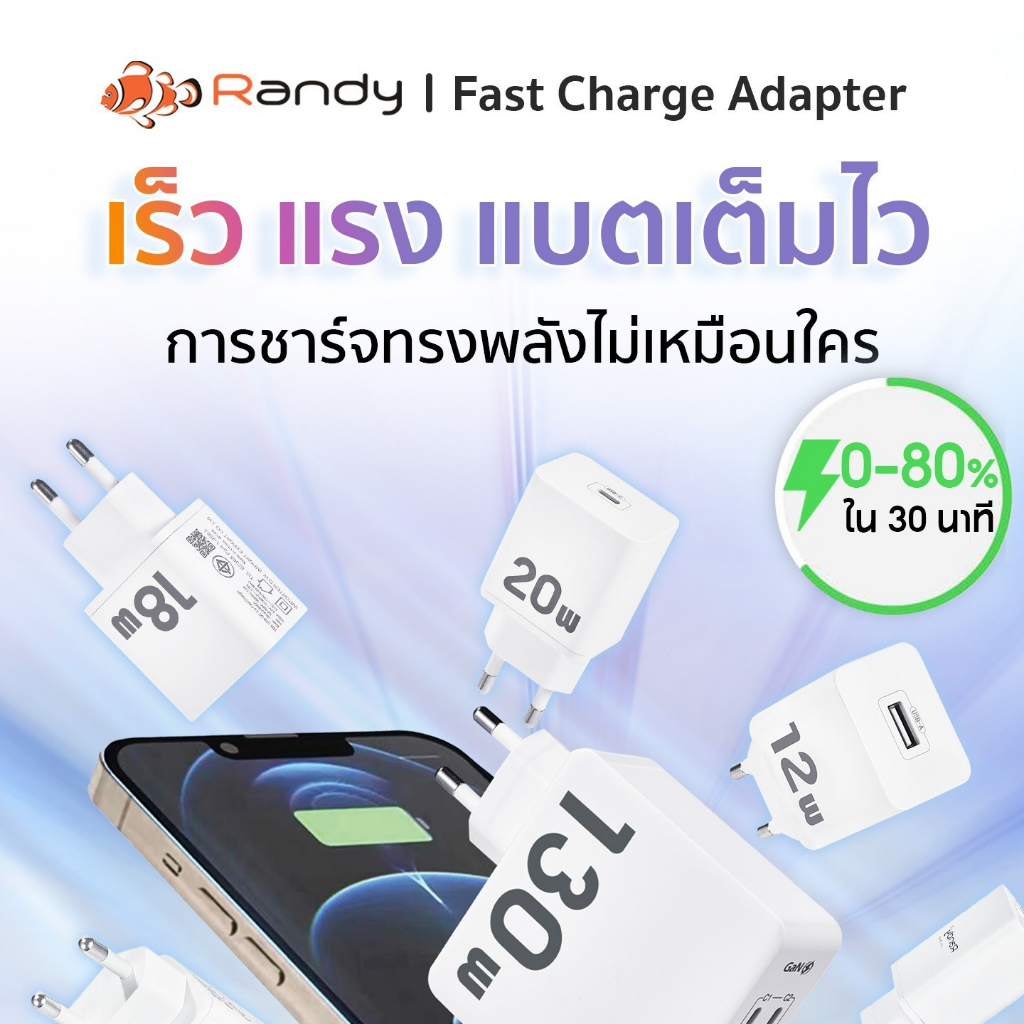 Randy หัวชาร์จมือถือ อะแดปเตอร์ชาร์จเร็ว Power Delivery Fast Charger ...