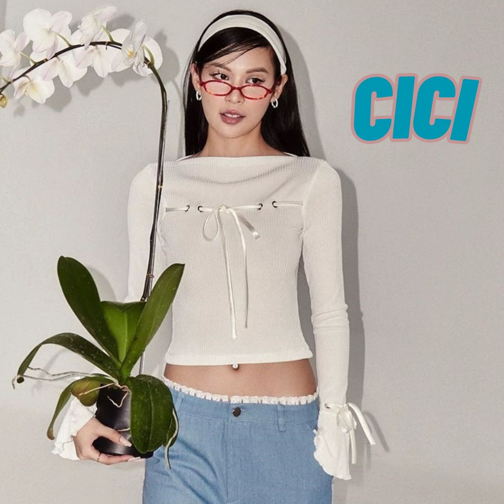 Cici(NO.H9313)เสื้อครอปท็อปแขนยาว ผ้ายืด ปลายแขนบาน ดีเทลเชือกผูกโบว์ ...
