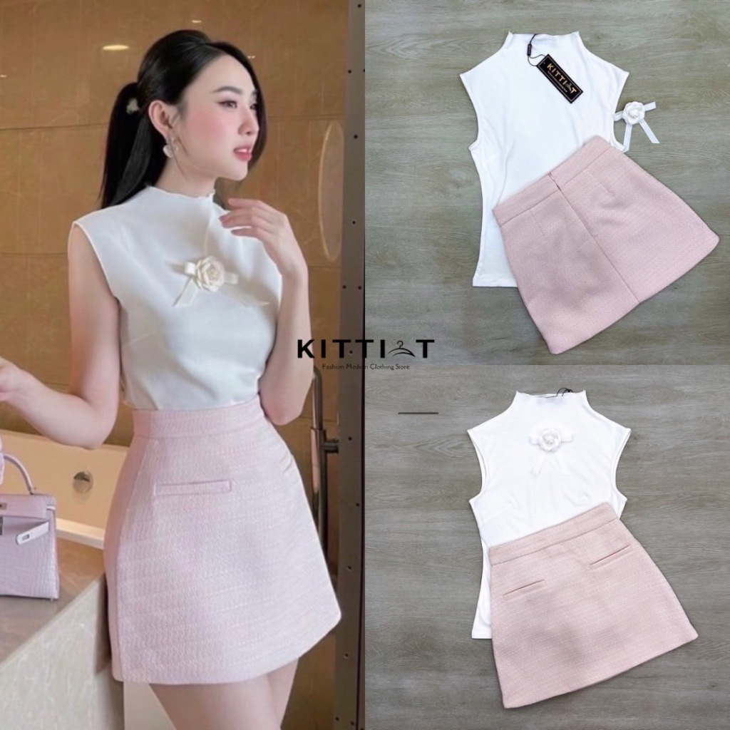 KT09 KITTI-T Set 2 pcs เสื้อยืดแขนกุดสีขาว + กระโปรงสั้นผ้าทวีต [PJ ...