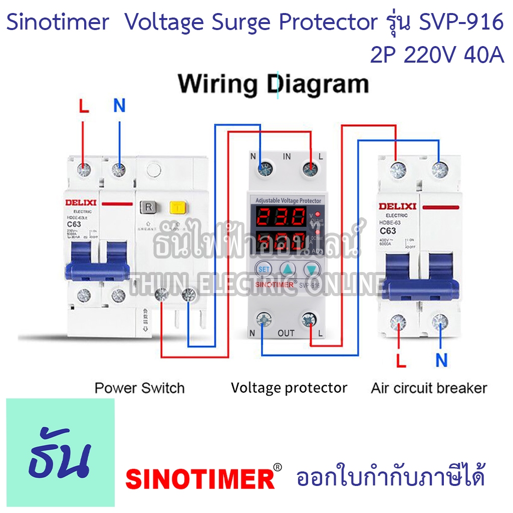 Sinotimer รุ่น SVP-916 220V ตัวเลือก 40A 63A เครื่องป้องกันไฟตกไฟเกิน อุปกรณ์ป้องกันไฟตกไฟเกิน ...