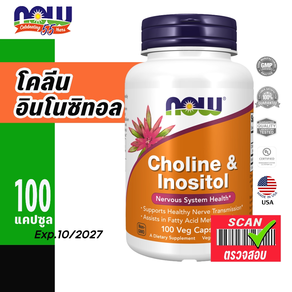 NOW Foods โคลีนและอิโนซิทอล บรรจุ 100 แคปซูล NOW Foods Choline ...