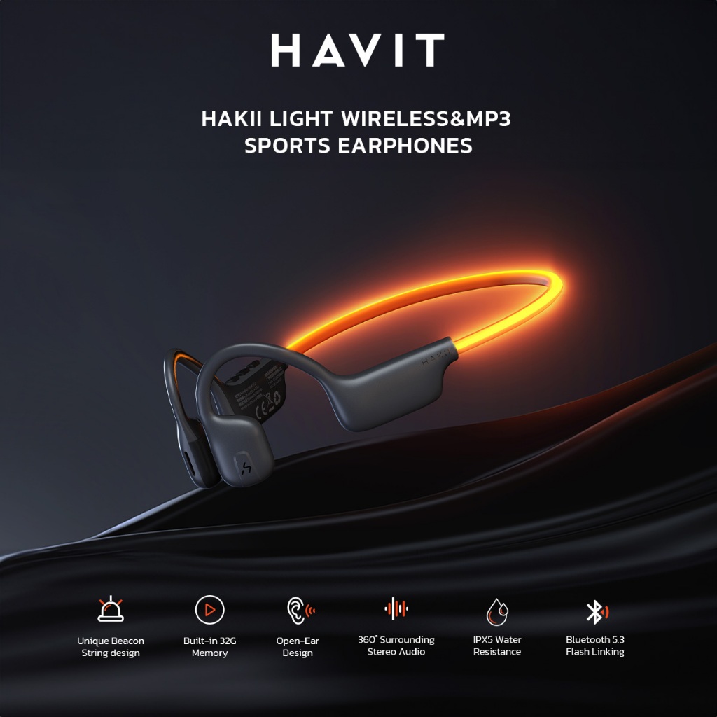 HAVIT OpenRun Pro HAKII LIGHT หูฟังไร้สาย แบบคล้องคอ สายมีไฟ LED สีส้ม มาพร้อมความจุ32GB ...