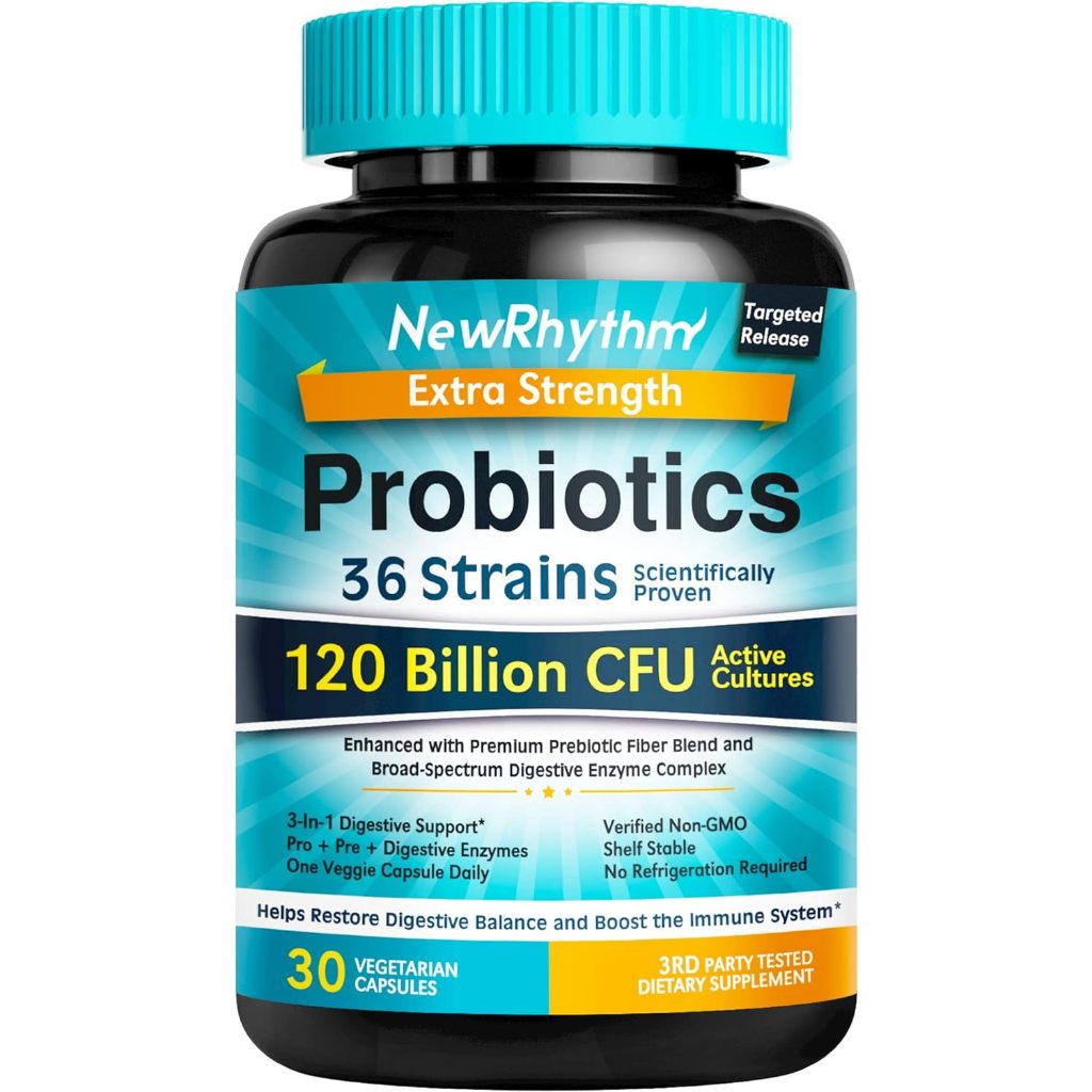 NewRhythm Extra Strength Probiotics 120 Billion CFU 36 Strains, 30 Veg ...