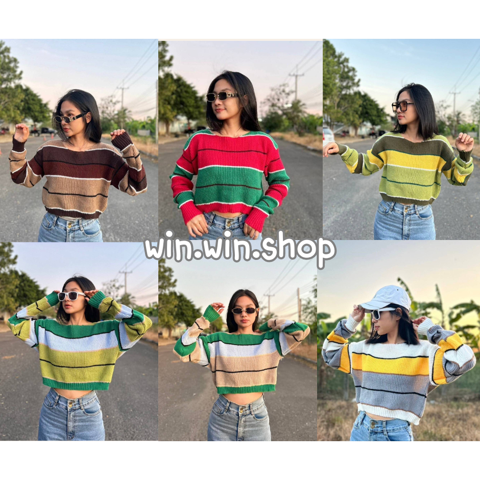 🏆win.win.shop🏆 #WF8 เสื้อครอป ไหมพรมลายทาง น่ารักมาก | Shopee Thailand