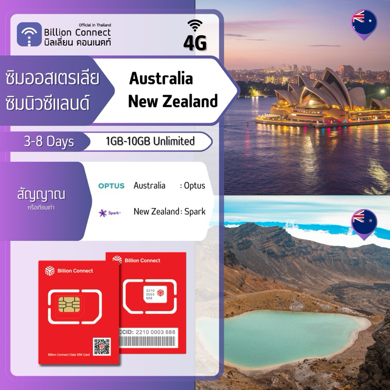 Australia New Zealand Sim Card 1-10GB Unlimited 128kbps สัญญาณ Optus ...