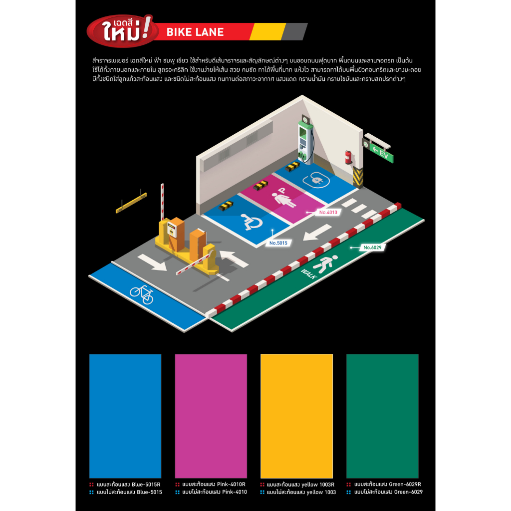 สีทาถนน สีสะท้อนแสง สีจราจร Bike lane Beger Traffic Paint 3ลิตร M99 4010R 5015R 6029R 5500 7740 ...