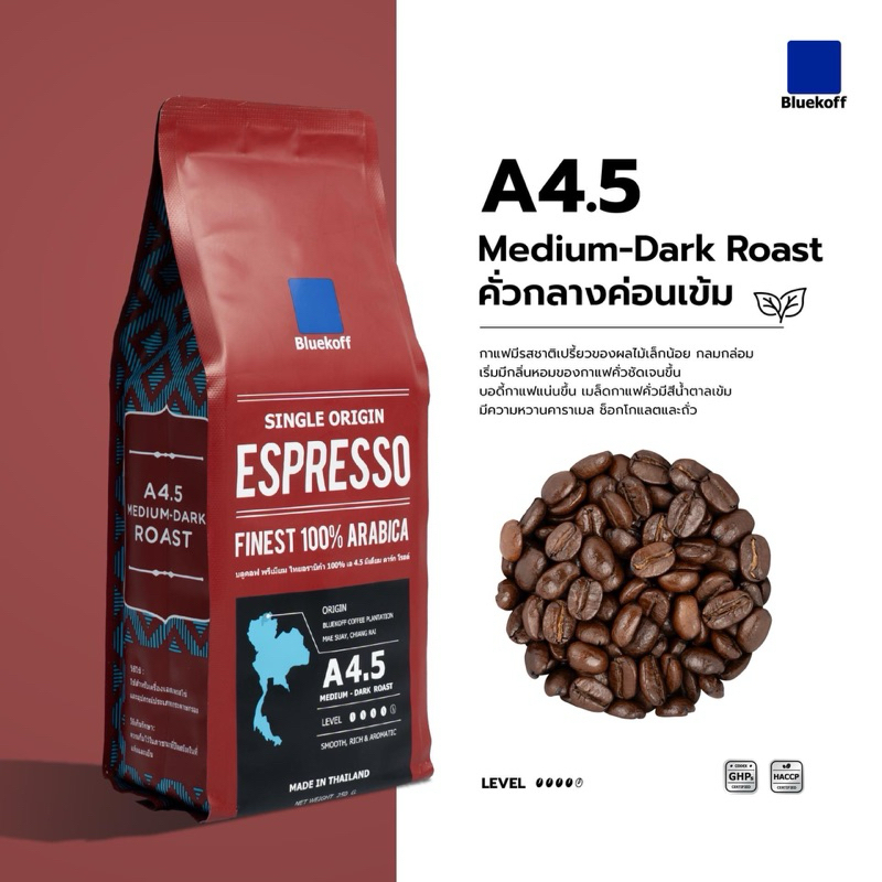 Bluekoff A4.5 ถุงสีแดง เมล็ดกาแฟไทย อราบิก้า 100% เกรด A Medium-Dark Roast (คั่วกลางค่อนเข้ม ...
