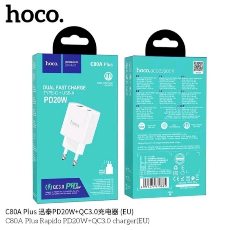 Hoco C80A Plus PD+QC3.0 Charger 20W (EU)หัวชาร์จเร็ว Type-C+USB 20W ปลั๊กขากลม[มาตรฐานยุโรป ...