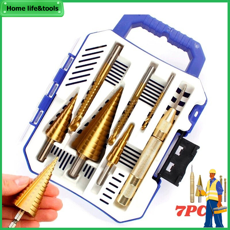 7 Pcs of step drill woodworking pull slot saw drill center punch set ...