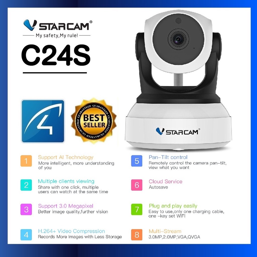 Vstarcam C24S 3.0MP/C7824wip 1.0MP 1296P 2022 กล้องวงจรปิดไร้สาย WIFI IP Camera EYE4 APP ...