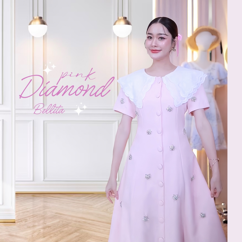 J783 BELLITA BRAND เดรสยาวชมพูละมุนคอปกระบายลูกไม้แต่งเพชร | Shopee Thailand