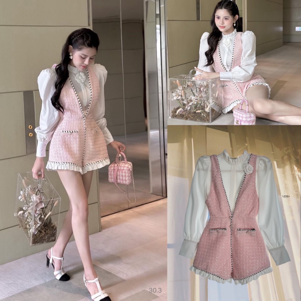 Linda set เสื้อ+เอี๊ยม ดูดีแบบลุคคุณหนู ตัวเสื้อด้านในใส่สบายผ้าเย็น ...