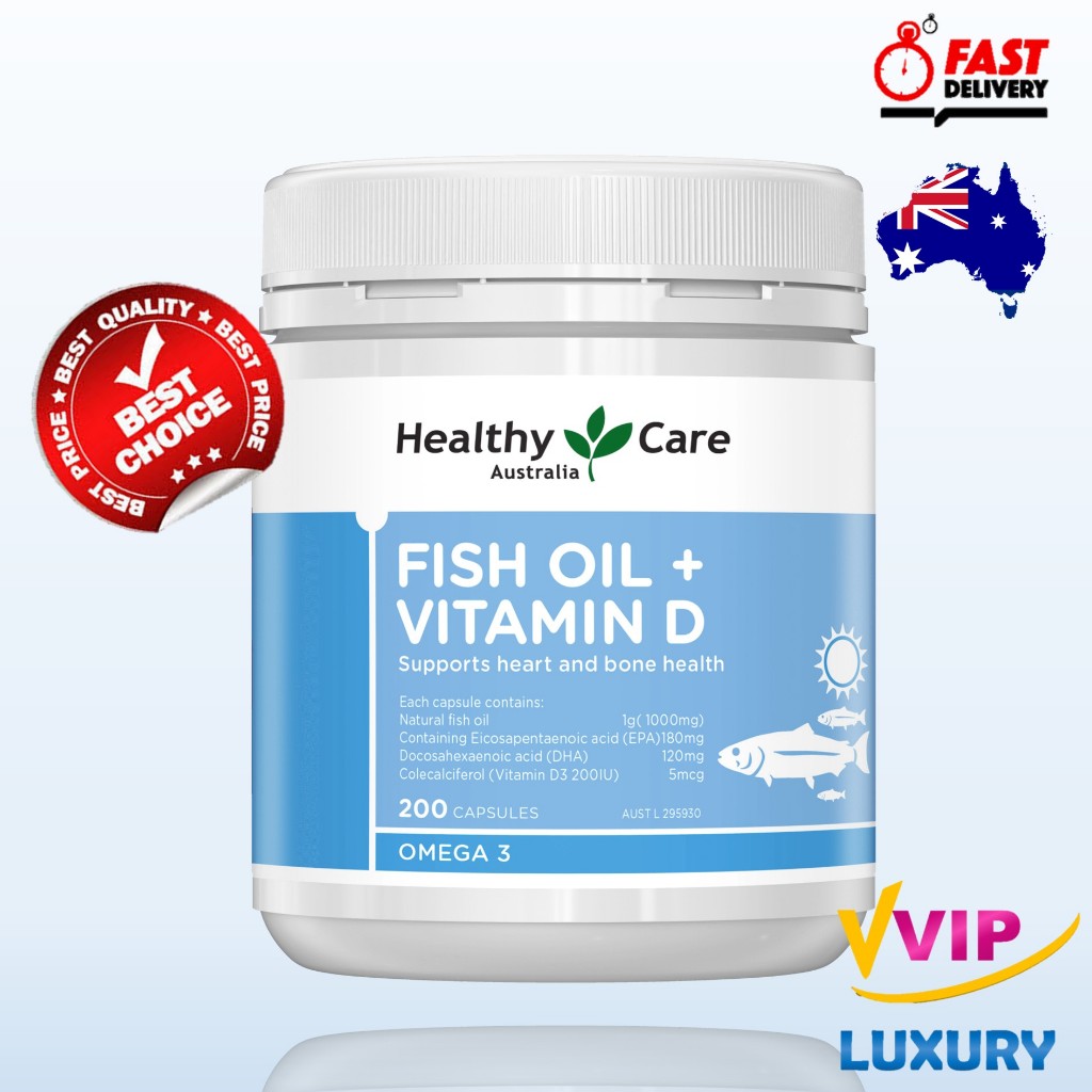 น้ำมันปลาและวิตามินดี3 Healthy Care Fish Oil + Vitamin D 200 Capsules ...