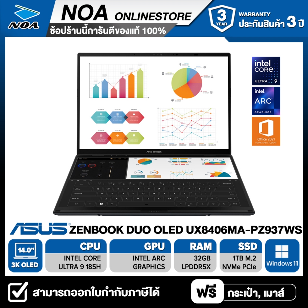 NOTEBOOK (โน้ตบุ๊ค) ASUS ZENBOOK DUO OLED UX8406MA-PZ937WF 14" 3K OLED รับประกันซ่อมฟรีถึงบ้าน 3 ...