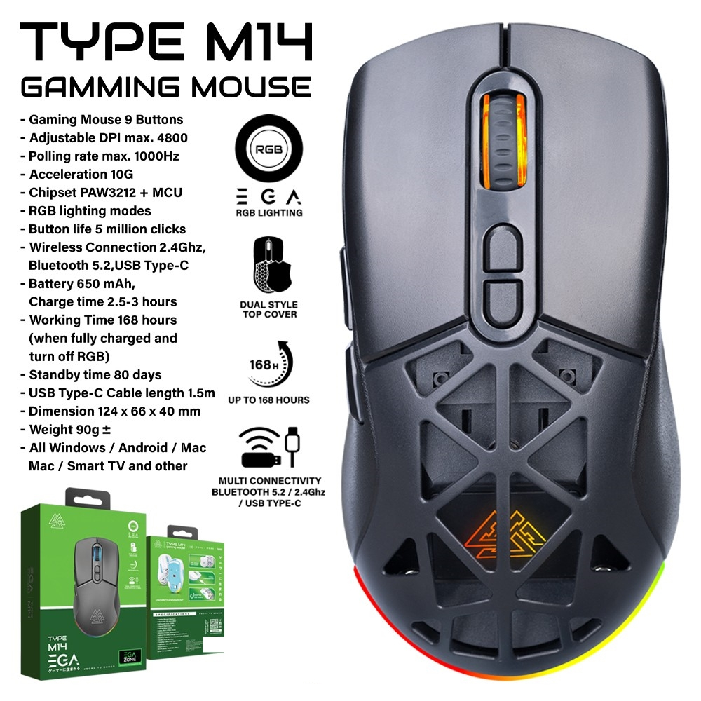 เมาส์ไร้สาย EGA Type M14 Wireless & Bluetooth Gaming Mouse RGB เมาส์เกม ...