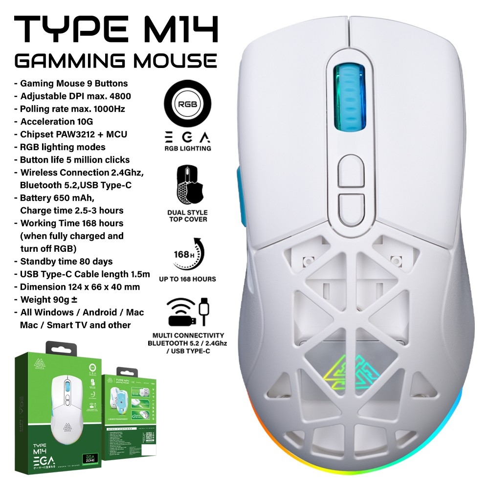 เมาส์ไร้สาย EGA Type M14 Wireless & Bluetooth Gaming Mouse RGB เมาส์เกม ...