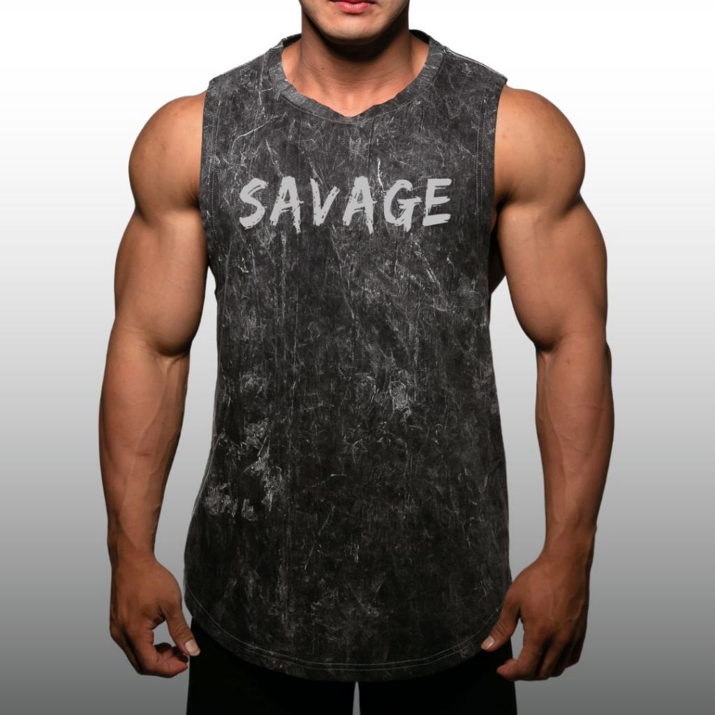 SAVAGE เสื้อแขนกุดผ้าฝ้าย Stonewashed Gym Muscle Shirt | Shopee Thailand