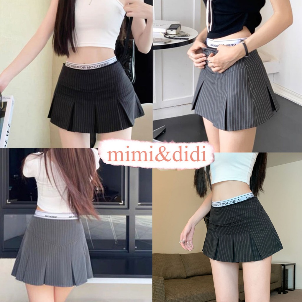 mimi&didi กระโปรงสองชั้น กระโปรงกางเกงเทนนิส เอวสูง ลายทางเอวยืด Y2K แฟชั่นสไตล์เกาหลี ผ้าอย่าง ...