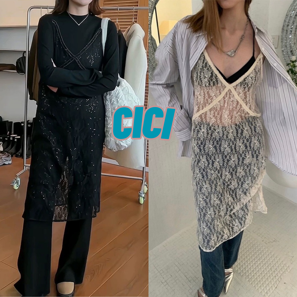 Cici(NO. H9370)เดรสซีทรูผ้าลูกไม้สายเดี่ยว ลายดอก สายปรับได้ | Shopee Thailand