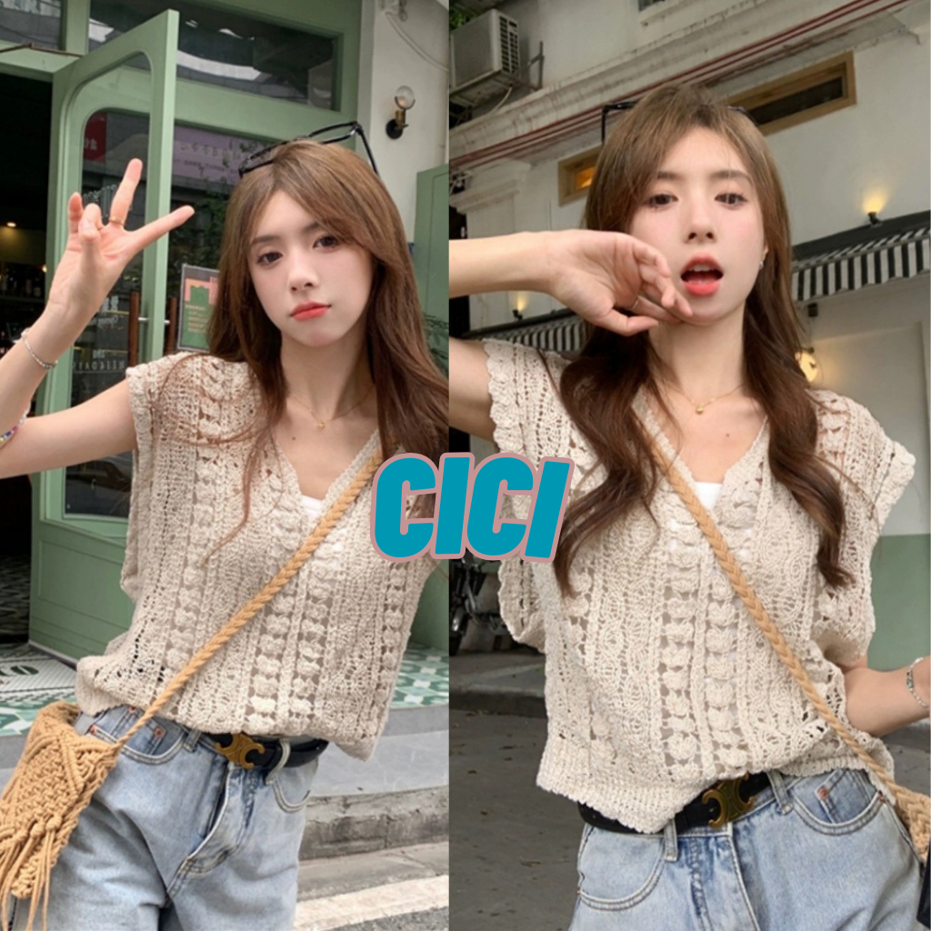 Cici(NO. 20233)เสื้อแขนกุดถักโครเชต์ คอระบายสุดคิ้วทึ ลายลูกไม้ดูแพงมากคุณน้า | Shopee Thailand