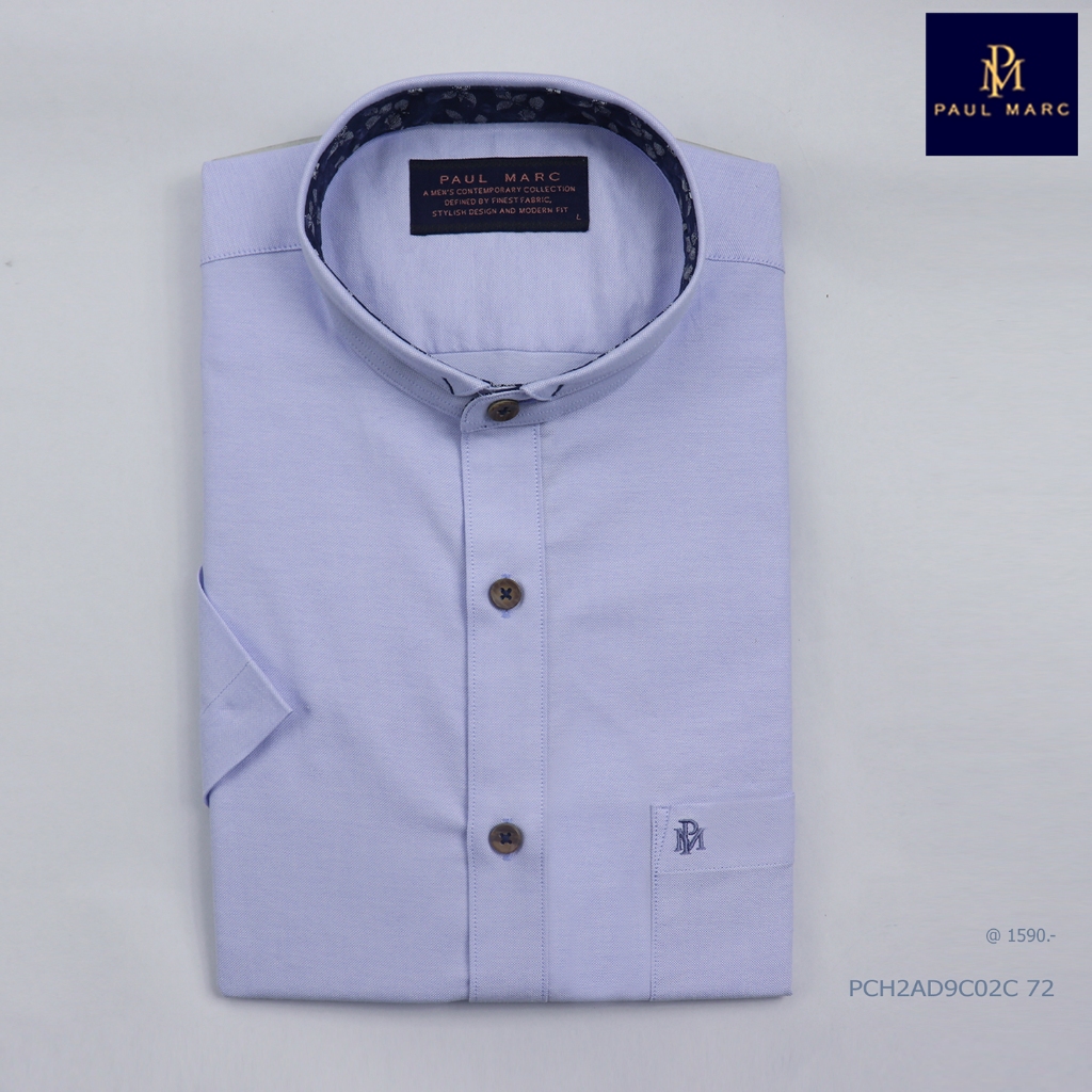 PAUL MARC เสื้อเชิ้ตสีฟ้าแขนสั้นคอจีน ผ้าoxford Signature Collar Band ...