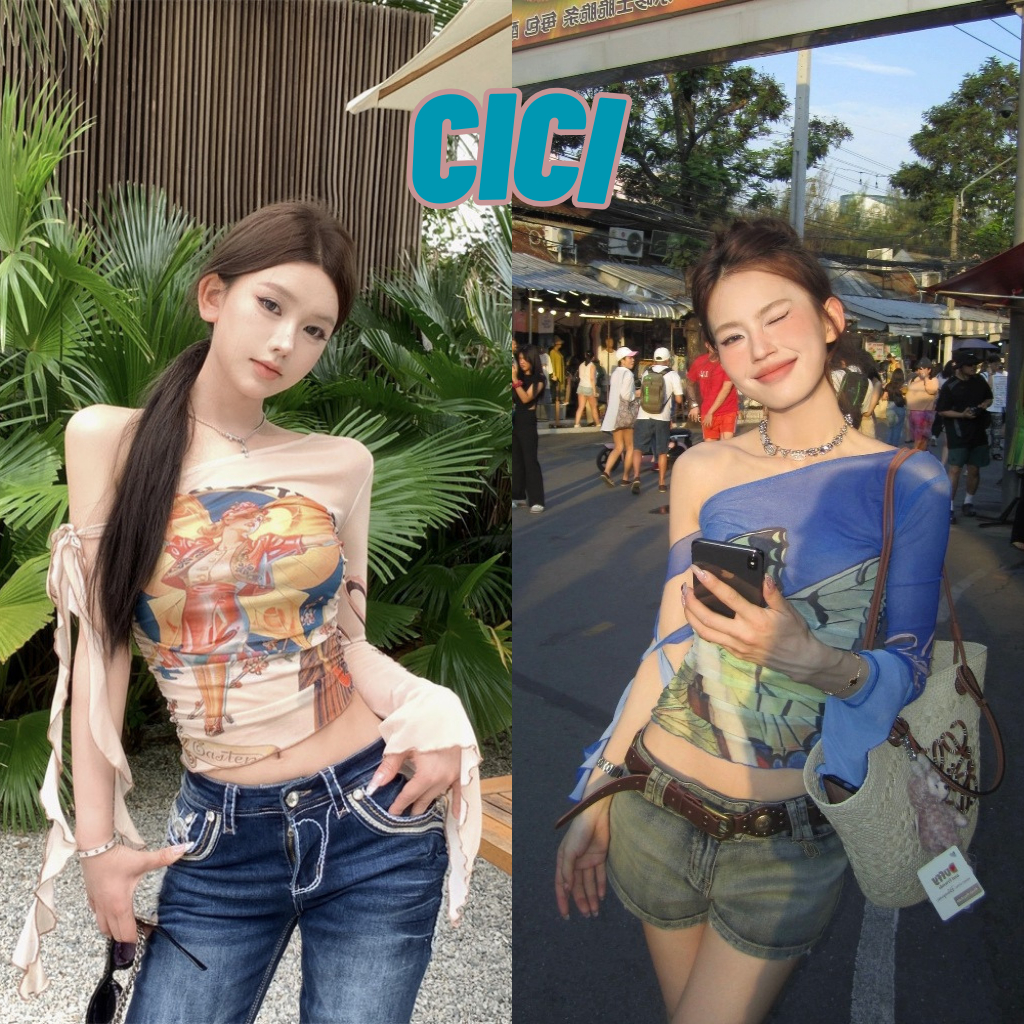 Cici(NO.Y6123)เสื้อแขนยาวปาดไหล่ผ้าซีทรู พิมพ์ลาย ดีเทลย่นข้าง สไตล์ Y2K | Shopee Thailand