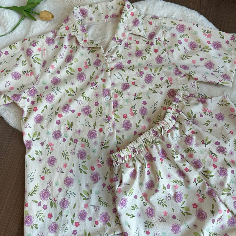 Set2ชิ้น เสื้อเชิ้ตลายดอก+กางเกงขาสั้นลายดอก อก38-52นิ้ว plussize | Shopee Thailand