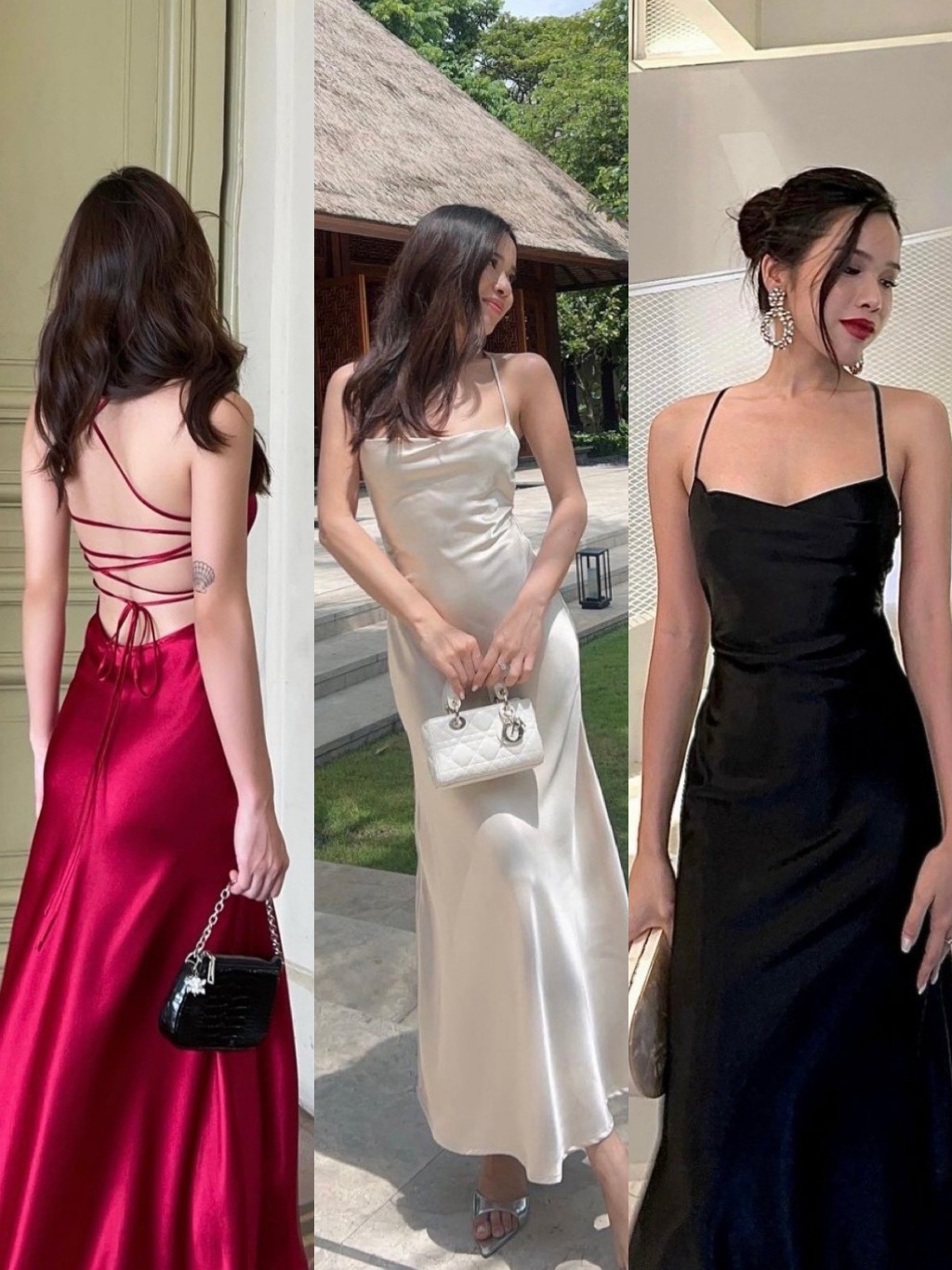 Teera ️พร้อมส่ง เดรสยาวซาตินเนื้อดีเนื้อละเอียดเด้งมีน้ำหนัก สายร้อยหลัง ซิปหลัง | Shopee Thailand