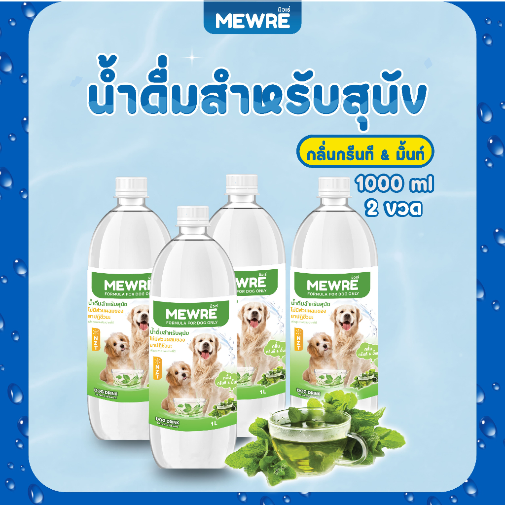 MEWRE มิวเร่ น้ำดื่มสำหรับสุนัข น้ำหมาเซ็ตสุดคุ้ม 4 ขวด กลิ่นมิ้นท์และกรีนที ขนาด 1L. (D x 4 ...