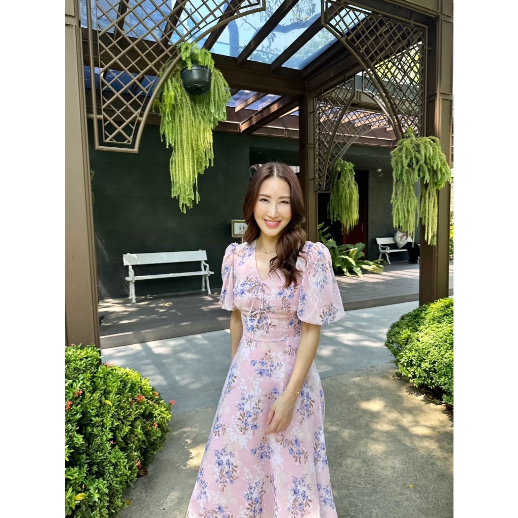 PD205 Pink Midi Dress เดรสผ้าชีฟองวี แขนพอง กระโปรงยาวบานย้วย | Shopee ...