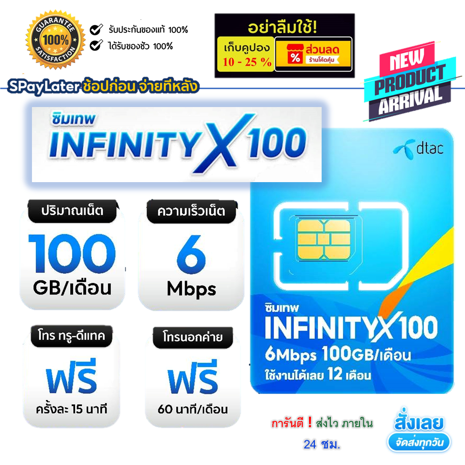 ⚡️คุ้มกว่าเมื่อใช้🧧ร้านโค้ดคุ้ม⚡️ซิมเน็ตรายปี dtac INFINITYX100 ซิมเทพ ความเร็ว 6Mbps ปริมาณ ...