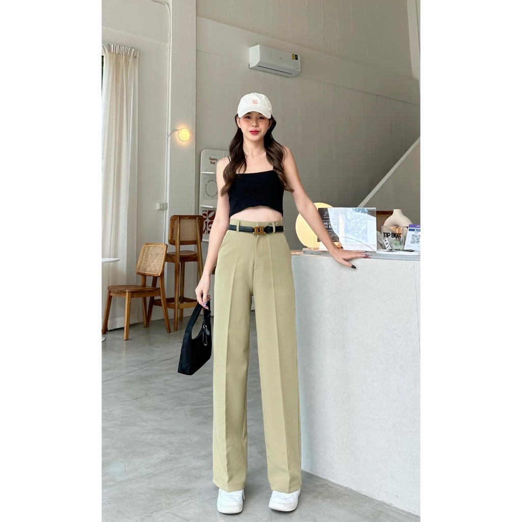 T05 New Hiso Pants เรียบหรูดูดี กางเกงทรงกระบอกกลาง กางเกงขายาว ผู้หญิง เอวสูง พรางหุ่น พราง ...