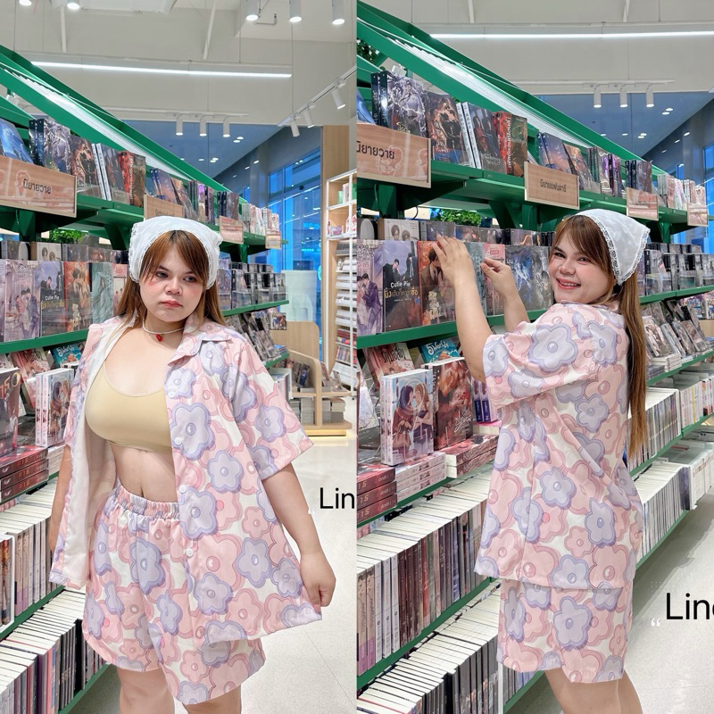 Set2ชิ้น เสื้อเชิ้ตลายดอก+กางเกงขาสั้นลายดอก อก38-52นิ้ว plussize | Shopee Thailand