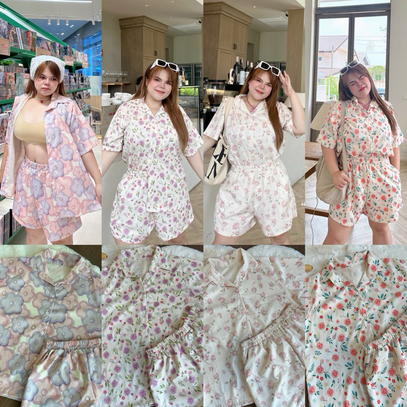 Set2ชิ้น เสื้อเชิ้ตลายดอก+กางเกงขาสั้นลายดอก อก38-52นิ้ว plussize | Shopee Thailand
