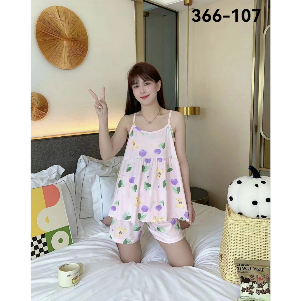 พิมพ์ลายน่ารัก เซ็ตชุดนอนกางเกงขาสั้น ชุดนอนหลวมๆ ของผู้หญิง ที่สาวอ้วนก็ใส่ได้ ลายน่ารักๆ ผ้า ...