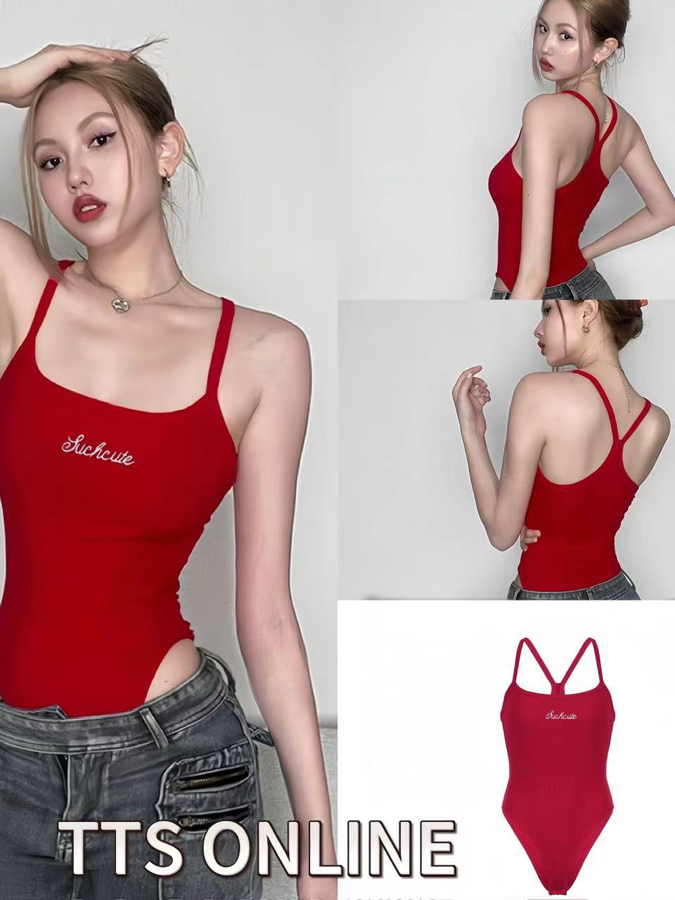 TTS💐เสื้อสายเดี่ยวปักตัวอักษรสีแดงย้อนยุคอเมริกันเซ็กซี่สำหรับผู้หญิง | Shopee Thailand