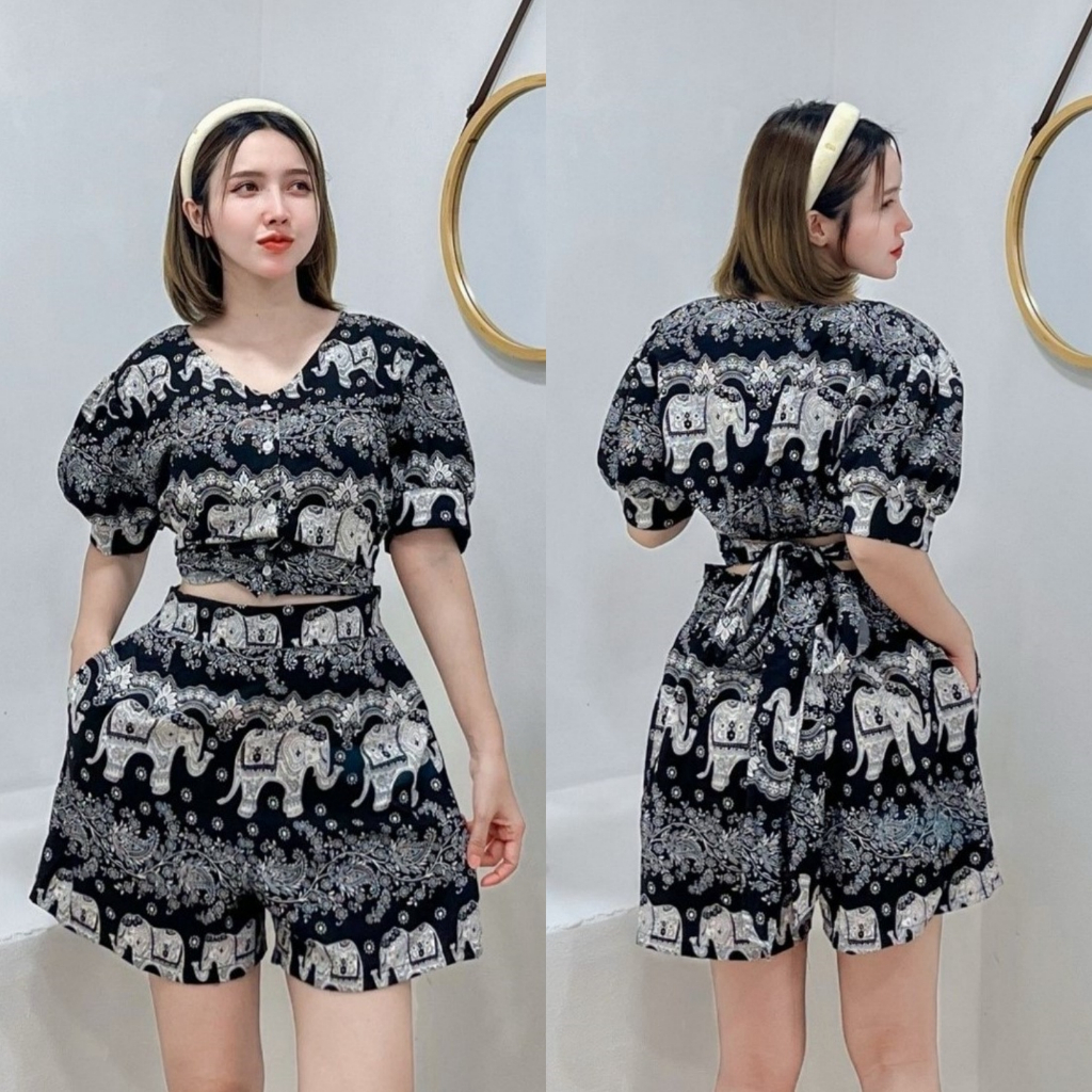 พร้อมส่ง A3841 (G38,G58) ชุดเซตผ้าไหมอิตาลีลายช้าง เสื้อแขนตุ๊กตากระดุมหน้าเว้าหลังผูกโบว์หลัง ...