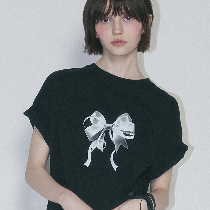 Ronron Double Ribbon Basic Fit T Shirt (Black Silver, White Pink, Black ...